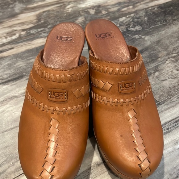 UGG | Shoes | Ugg Vivica Braided Sheepskin Mules Clog Brown Leather ...